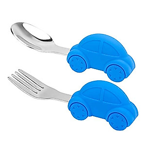 Toddler Spoon and Fork Set, Easy Grip for Baby, Toddler Children, Perfect Self Feeding Learning Utensils, 12 Month+ (Car)