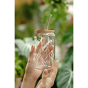 NewEleven Cute Glass Coffee Cups With Lids And Straw – Aesthetic Cups – Iced Coffee Cup, Coffee Tumbler, Glass Tumbler – Christmas Gifts For Women, Coffee Lover - 16 Oz Coffee Glass