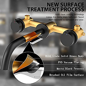 SMALIIBUSS Wall Mount Faucet,Black Wall Faucet Mounted Bathroom Sink Faucets,Double Handle 3 Hole Wall Mount Tub Faucet,Lavatory Basin Sink Mixing Faucet with Rough in Valve.