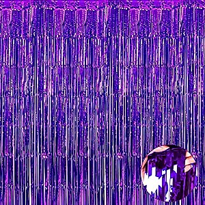 4 Pack Purple Foil Fringe Curtain Backdrop, 3.3Ft x 9.8Ft Metallic Tinsel Foil Fringe Streamers Curtains for Photo Booth, Wedding, Thanksgiving, Birthday, Christmas, Halloween Party Decoration