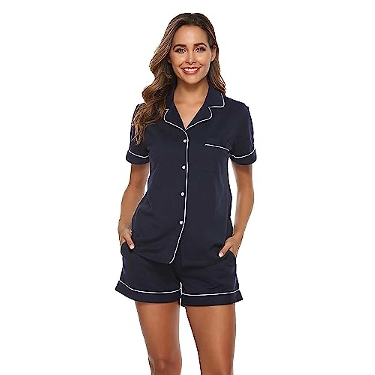 EA'S SECRET Womens Pajamas Set 100% Cotton Soft Short Sleeve Sleepwear Button Down Nightwear Summer Pj Sets S-XXL(Navy Blue,M)