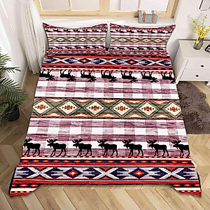 Rustic Deer Duvet Cover Set Queen, Country Lodge Cabin Red Buffalo Plaid Moose Animal Themed Bedding Set, Decorative 4 Piece Set With 2 Pillowcases 1 Sheet for Kids Adults Teens Bedroom Decor