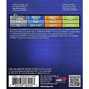 Elixir® Strings 16540 Electric Guitar Strings with NANOWEB® Coating, 3 Pack, Super Light (.009-.042)