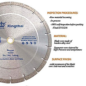 Kingthai 10 Inch Wet Dry Segmented Cutting Concrete Diamond Saw Blade for Masonry with 25.4mm Arbor