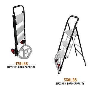 2 in 1 Aluminum Hand Truck & Ladder 3 Step Ladder Step Stool for Adults with Wide Anti-Slip Pedal and 6’’ Rubber Wheels 330lbs Capacity Sturdy Steel Ladder Portable Steel Step Stool Dolly
