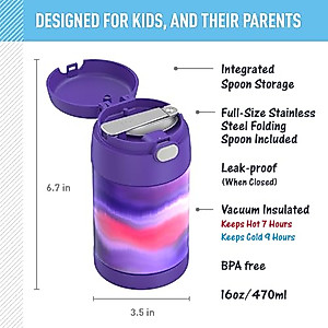 THERMOS FUNTAINER 16 Ounce Stainless Steel Vacuum Insulated Food Jar with Spoon, Purple Mirage
