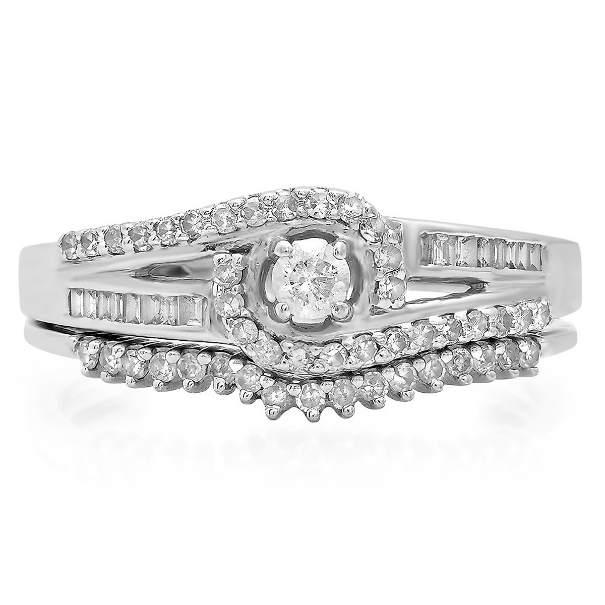 Dazzlingrock Collection 0.50 Carat (ctw) 10k Round & Baguette Diamond Women Swirl Engagement Matching Band Halo Style Bridal Ring Set 1/2 CT, White Gold, Size 6