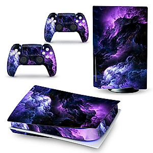 PS5 Skin Stickers Full Body Vinyl Skins Wrap Decals Cover for PS5 Disc Edition Console & Controllers (Purple Clouds)