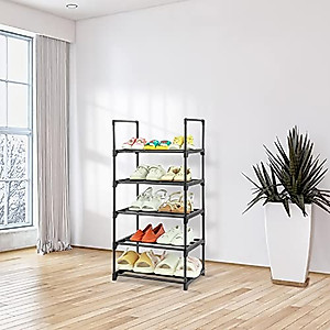 HITHIM 5-Tier Narrow Shoe Racks, Small Stackable Shoe Shelf Organizer,Sturdy Shoe Stand with Armrests, Metal Free Standing Shoe Racks for Entryway, Doorway and Bedroom Closet (Black)
