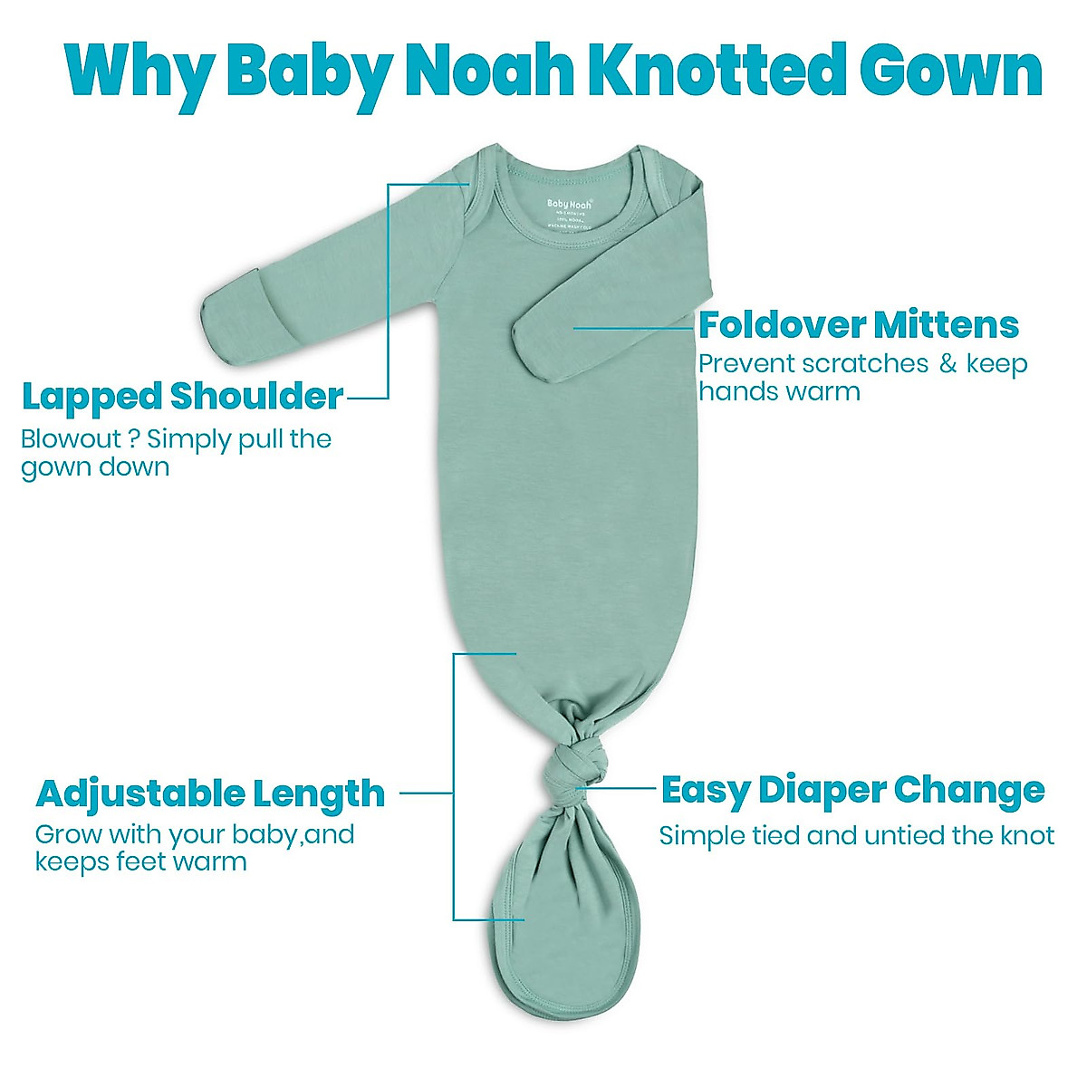 Newborn Baby Knotted Gown, Super Soft Silky Infant Long Sleeve Sleeper with Tie Bottom, Baby Girl and Boy Sleep Gown with Mittens, Bow, and Hat Set Grey Green