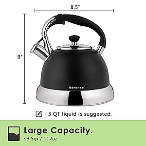 Rorence Stainless Steel Whistling Tea Kettle: 3.5 Quart Tea Pot with Capsule Bottom & Glass Lid for Stovetop - Black