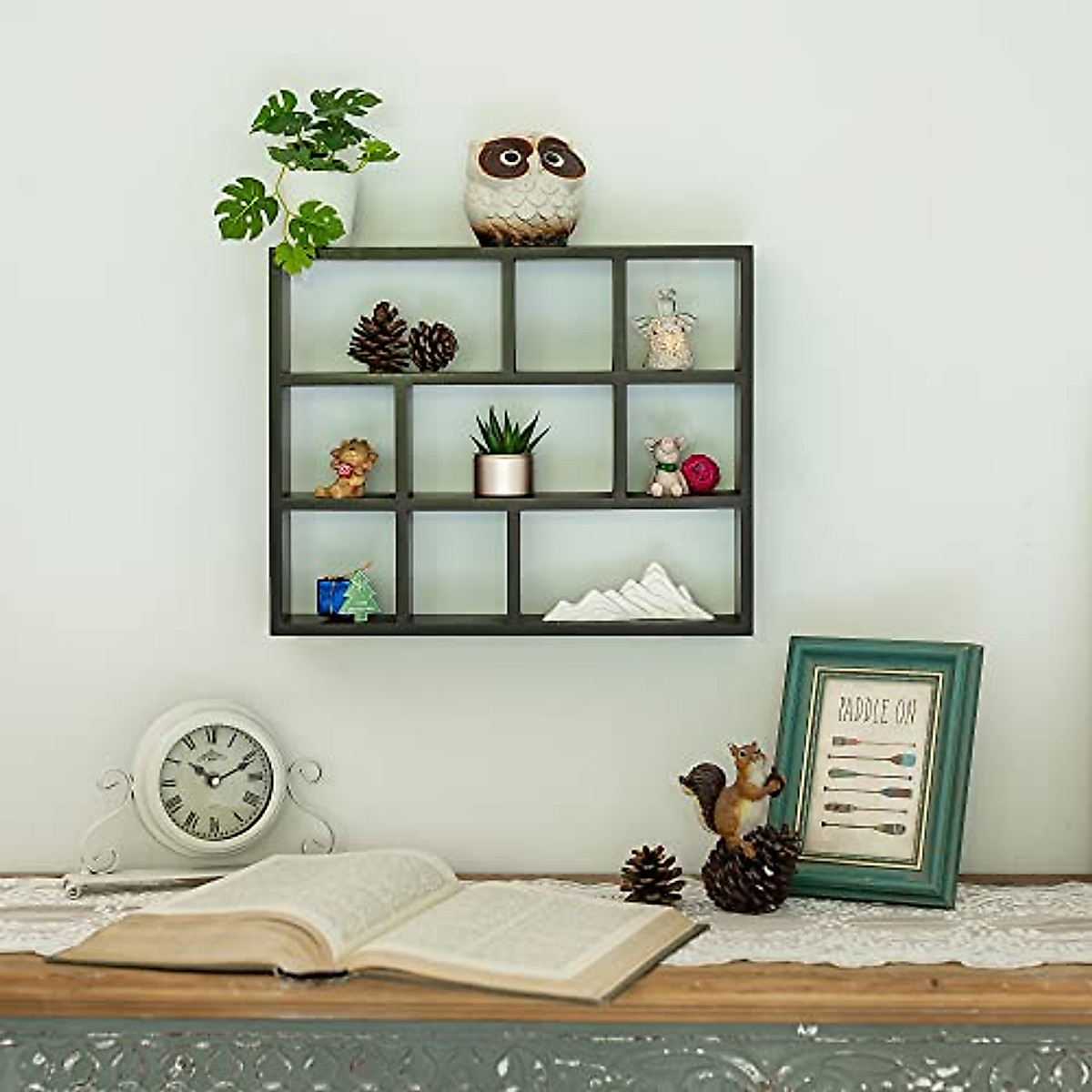Sziqiqi Wood Floating Shelves 9-Compartment Small Hanging Display Shelf - Rustic Wall Mounted Freestanding Multi-Slot Storage Shelving for Bedroom Kitchen Living Room Bathroom Brown