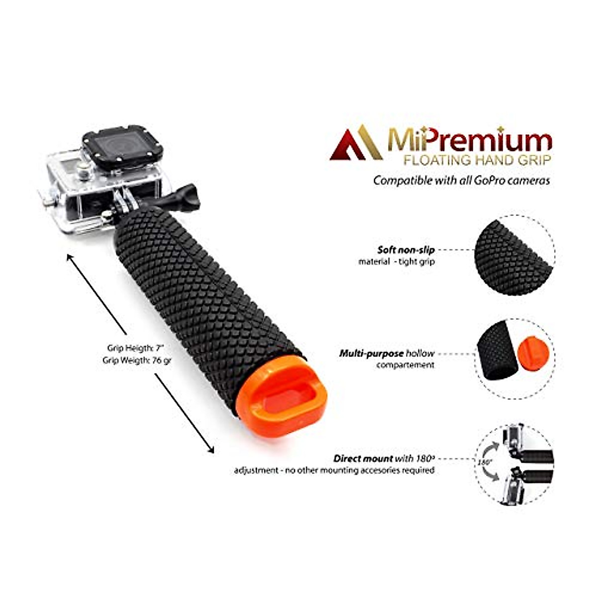 Waterproof Floating Hand Grip Compatible with GoPro Hero 11 10 9 8 7 6 5 4 3+ 2 1 Session Black Silver Handler & Handle Mount Accessories Kit for Water Sport and Action Cameras (Orange)