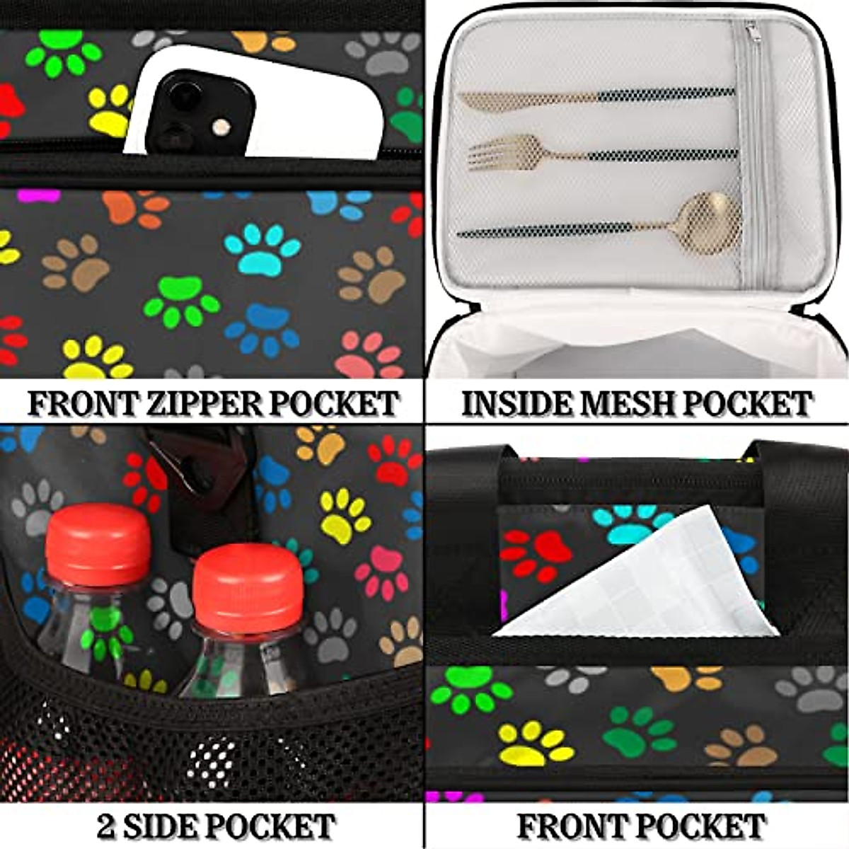 Insulated Lunch Bag, Colorful Dog Paw Print Reusable Lunch Box Leakproof Cooler Tote Bag Large Lunchbox Freezable Lunch Bag with Adjustable Shoulder Strap for Women Men Picnic Work Beach