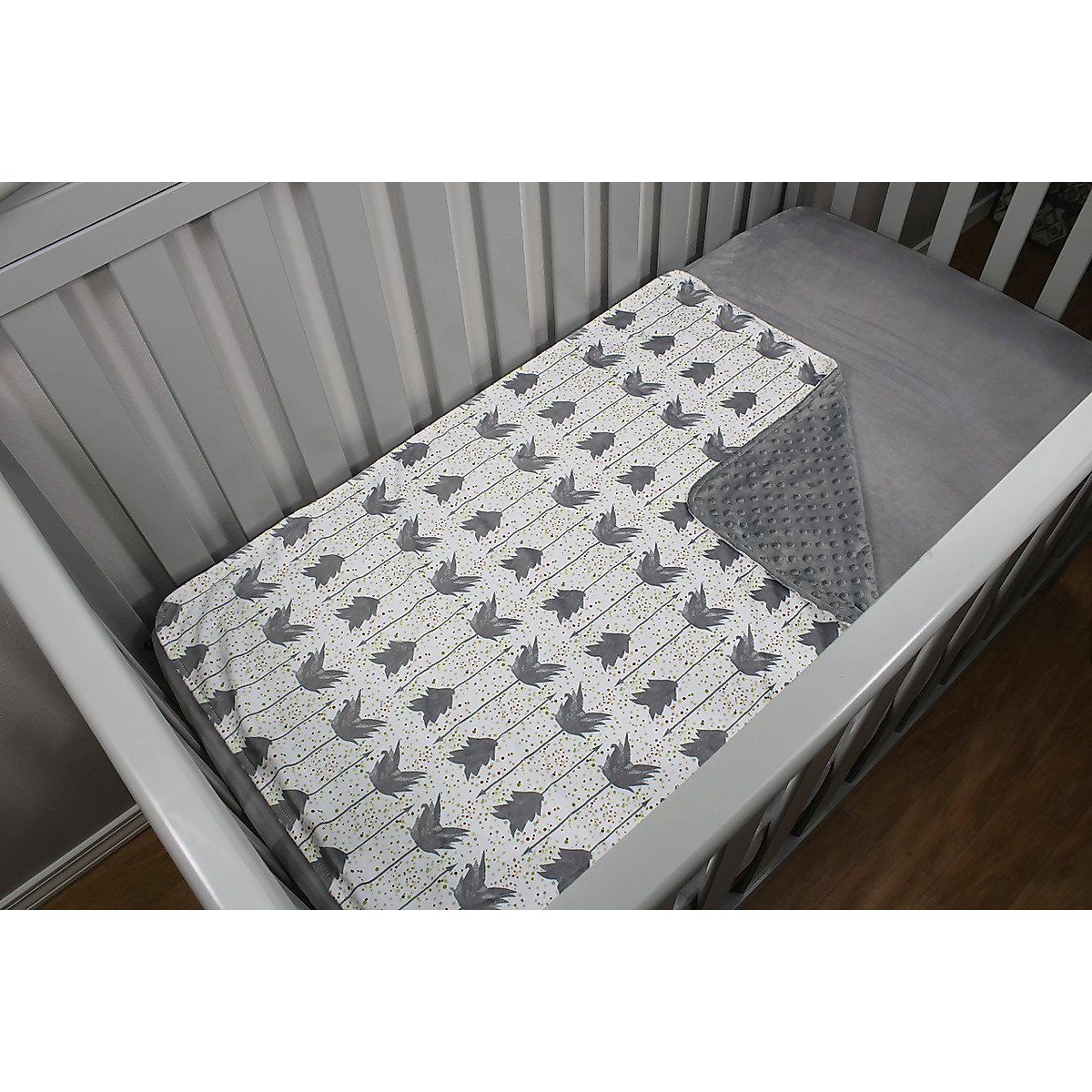 Dear Baby Gear Deluxe Baby Blankets, Custom Minky Print, Grey Arrows on Confetti, Grey Minky Dot