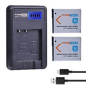 PowerTrust 2-Pack 3.7v NP-BN1 Replacement Battery and LCD USB Charger for Sony NP-BN1 Cyber-shot DSC-QX10 QX100 T99 T110 TF1 TX5 TX7 TX9 TX10 TX20 TX30 TX55 TX66 TX100V TX200V W310 W320 W330 W350 W360