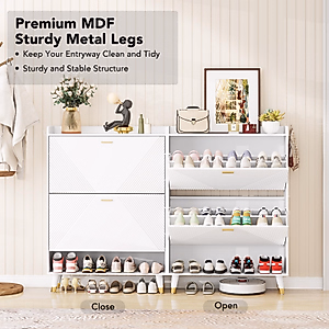 howcool Shoe Storage Cabinet with 2 Flip Drawers, Slim Wooden Freestanding Shoe Cabinet with Coat Hooks, Cubby and Shelf, Hidden Narrow Shoes Rack Organizer for Entryway Hallway, Holds 24 Pairs, White