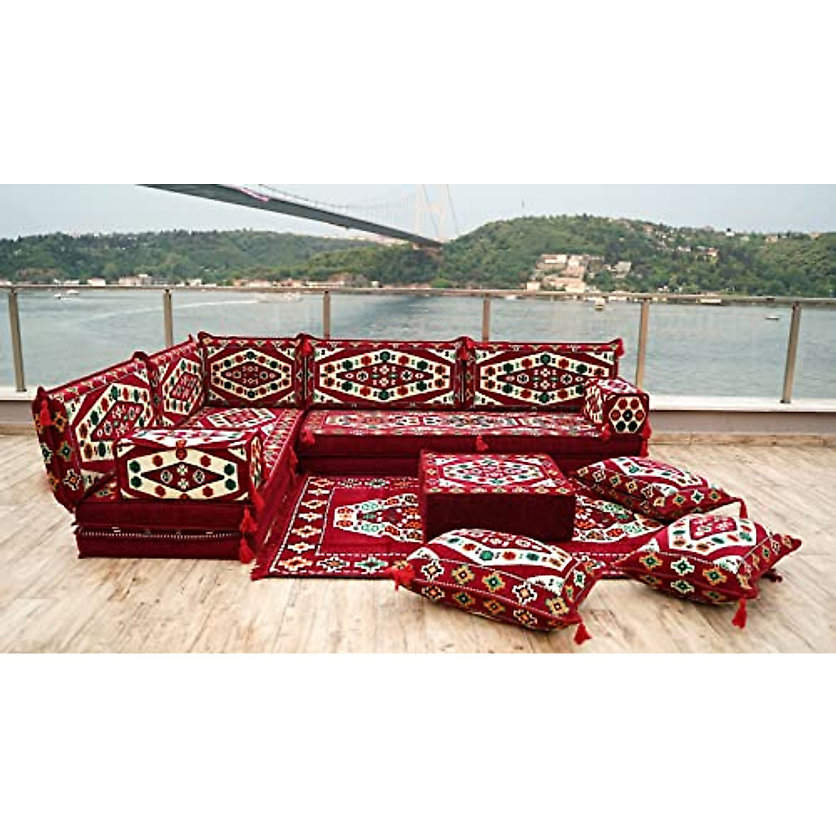 Maroon Floor Cushions, L Shaped Arabic Seating Sofas, Balcony Terrace Sofas, Washable Cushion Covers, Traditional Floor Couch, Arabic Majlis, Futon Sofa Bed (L Sofa Full Set)