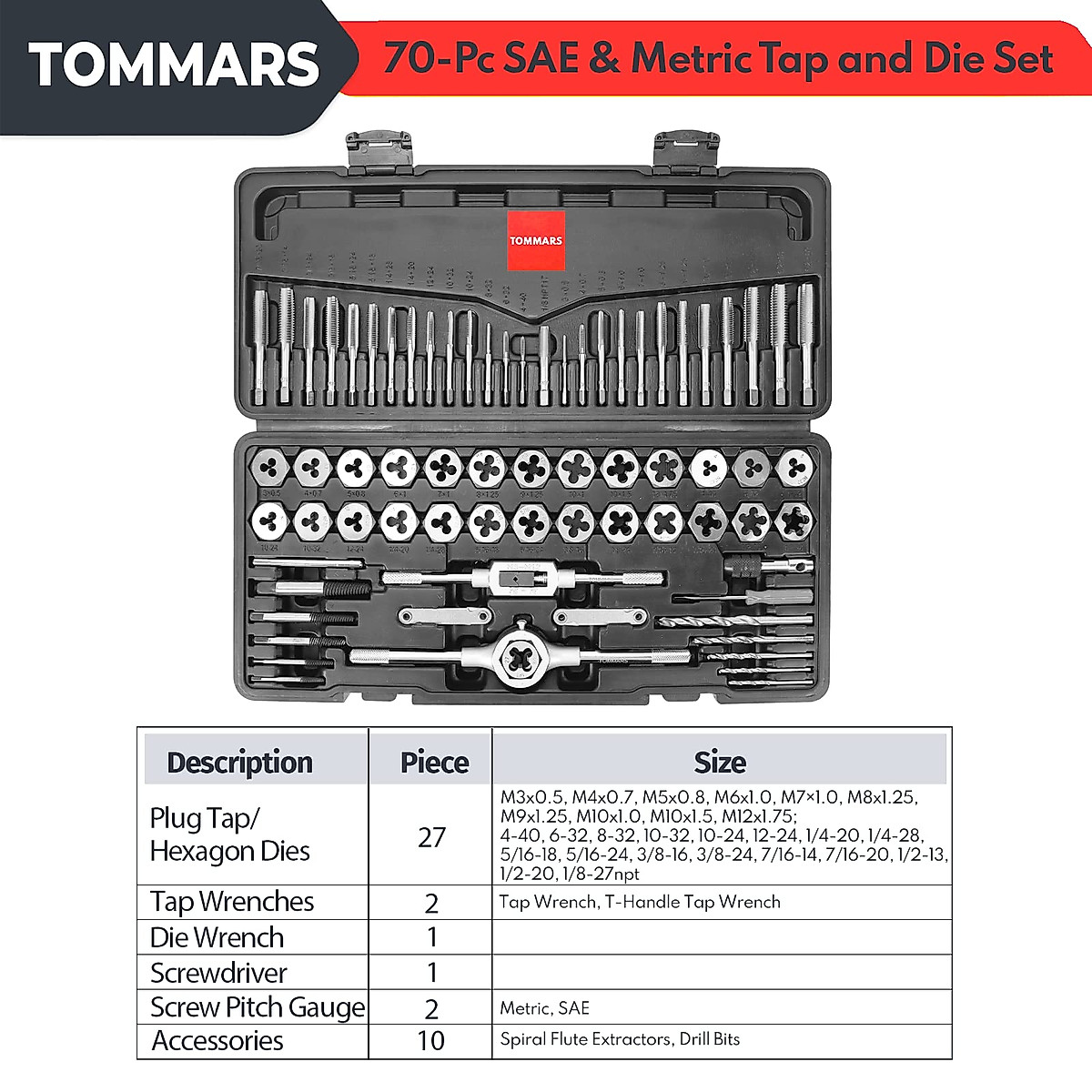TOMMARS 70-Pc Tap and Die Set, SAE & Metric Hex Thread Taps Dies Wrench Metric Sizes M3 to M12 & Standard Sizes #4 to 1/2" Type NC NF NPT