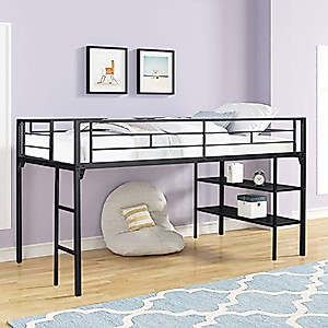 Epinki Low Loft Bed with Storage Shelves, Black, Steel, Bed Frame, Kids Bed, Easy Assembly
