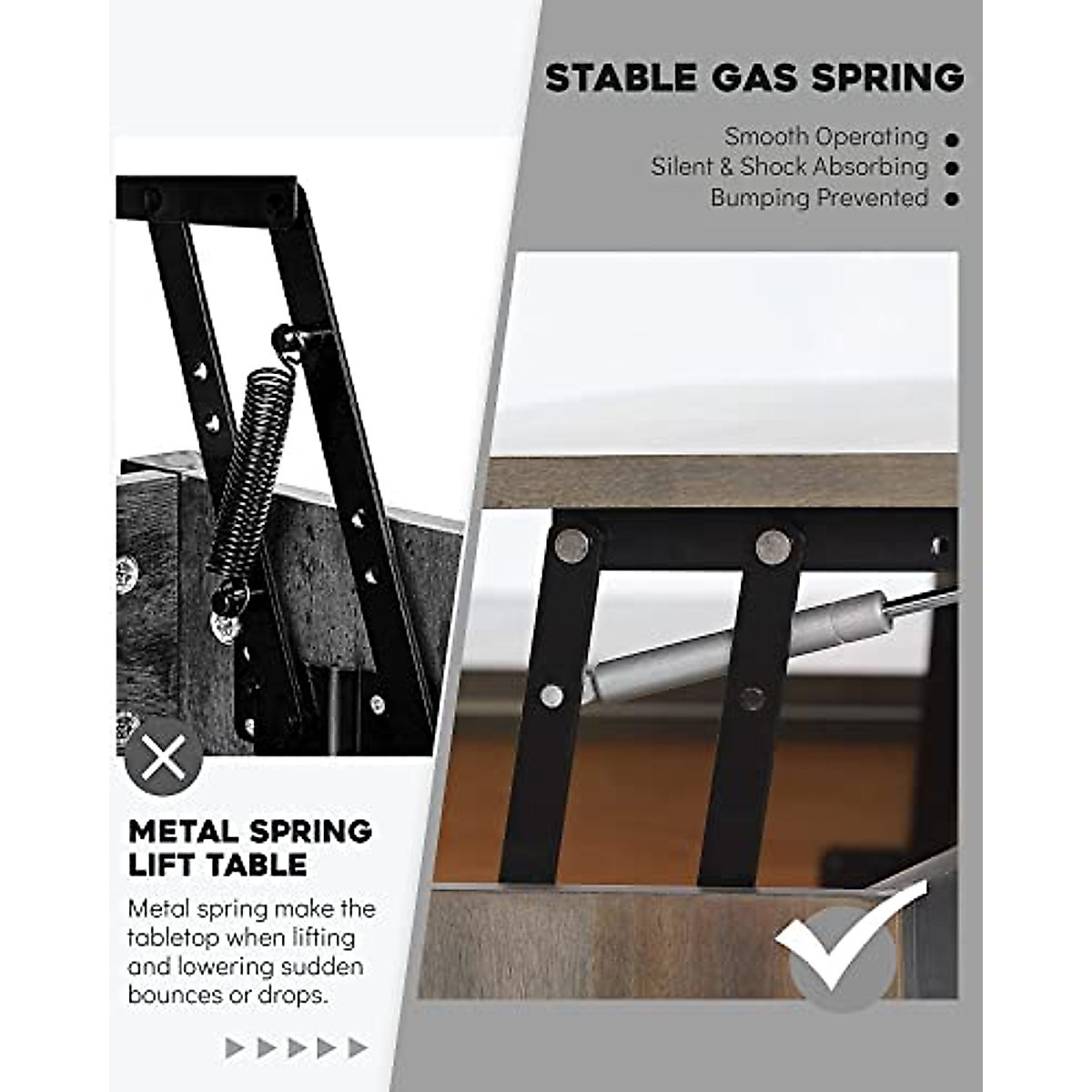 OUllUO Wood Lift Top Coffee Table with Charging Station, Vintage Coffee Table with Storage, Rustic Central Table for Living Room, Home Office, Gray Rising Coffee Table