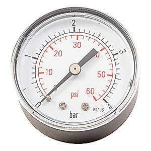 Pool Spa Filter Water Pressure Gauge, 0-60 PSI, Bottom Mount, 1/4-Inch Pipe Thread - Brass Back Mount - Replacement Part for Pentair, Hayward and Other Standard Filters