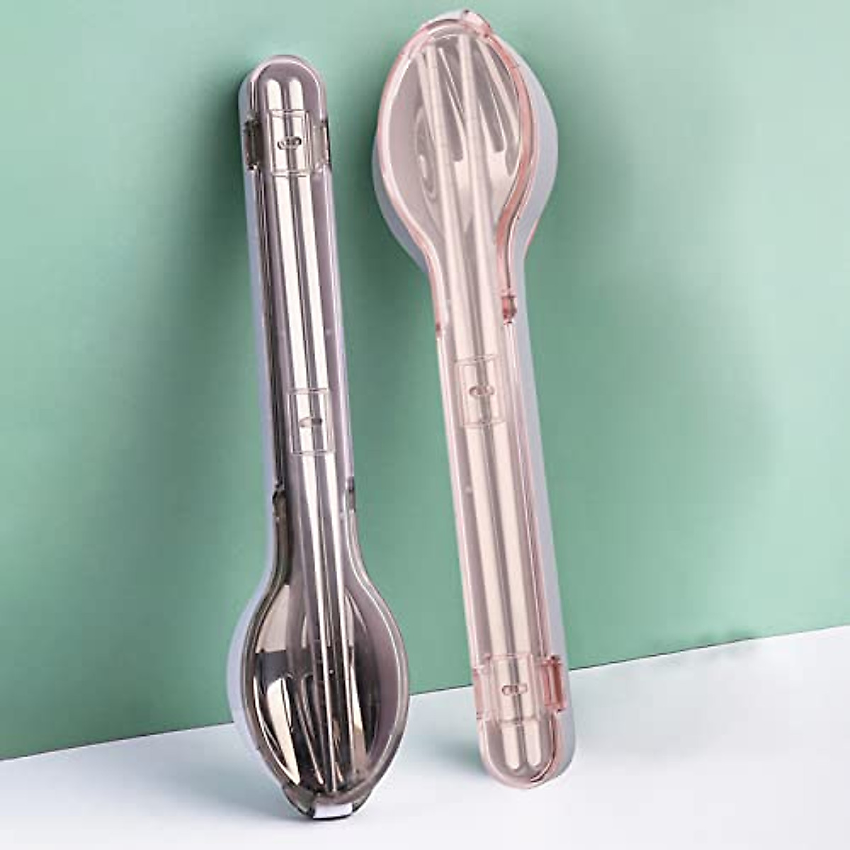 1 Set Cutlery Set Smooth Surface -deform Stainless Steel Portable Fork Spoon Chopsticks with Spoon-shaped Case for Students