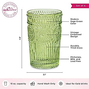 Vintage Textured Sage Green Striped Drinking Glasses Set of 6-13 oz Ribbed Glassware with Flower Design| Cocktail Set, Juice Glass, Water Tumbler