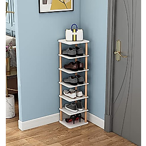 LUCKNOCK 7 Tiers Vertical Shoe Rack, Narrow Shoe Organizer, Stylish Wooden Shoe Storage Stand, Space Saving Shoe Shelf, Shoe Tower, Free Standing Shoe Racks for Entryway, No-Tool Assembly, White.