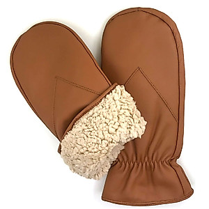 ZLUXURQ Mens Lambskin Leather Mittens Gloves Thick Fleece Lined Tan