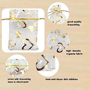 QIANHAILIZZ 100 Pack 2.8 x 3.5 Inch Flower Heart Organza Jewelry Gift Pouch Candy Pouch Drawstring Wedding Favor Bags B511S (white gold heart)