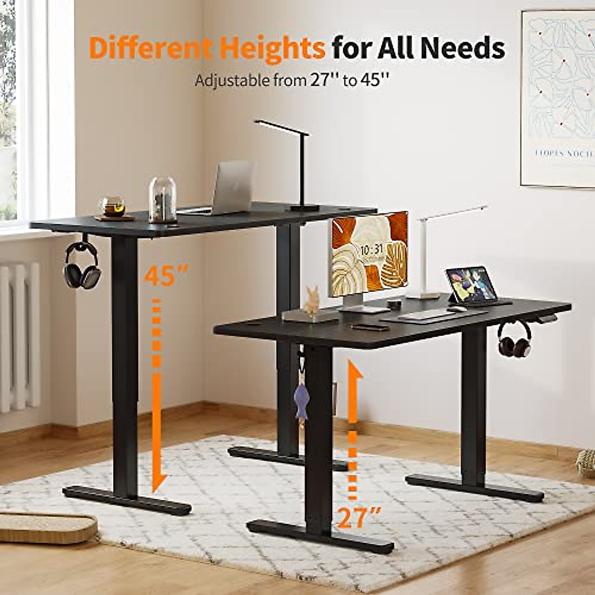 Cubiker 40 x 24 Inch Standing Desk, Stand up Height Adjustable Home Office Electric Table, Sit Stand Desk with Splice Board, Black Frame & Black Desktop