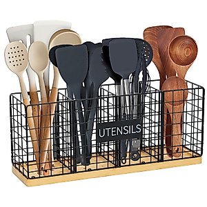 WellSign Kitchen Utensil Holder for Countertop with 4 Compartments, Black Metal Large Cooking Utensil Holder with Bamboo Base, Farmhouse Utensil Organizer for Kitchen Counter or Wall Mounted Storage