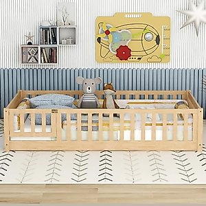 Bellemave Full Size Floor Bed with Door and Fence for Kids, Montessori Floor Bed with Slats and Safety Guardrails,Solid Wood Full Bed Frame for Girls Boys(Full,Natural)