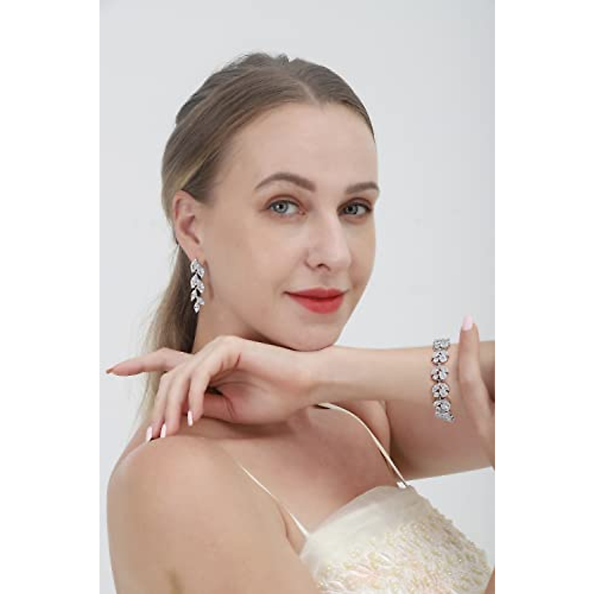 UDYLGOON UDORA Cubic Zirconia Leafs Earrings Bracelet Jewelry Set For Bridal Bridesmaid Wedding Prom (White Gold)