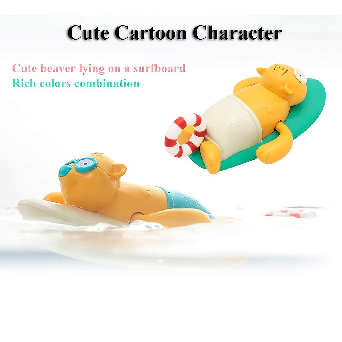 NEXTAKE Pull String Baby Bath Toy Pull & Go Beaver Cute Surfing Beaver Swimming Beaver Windup Clockwork Bathtub Toy for Toddlers (Blue)