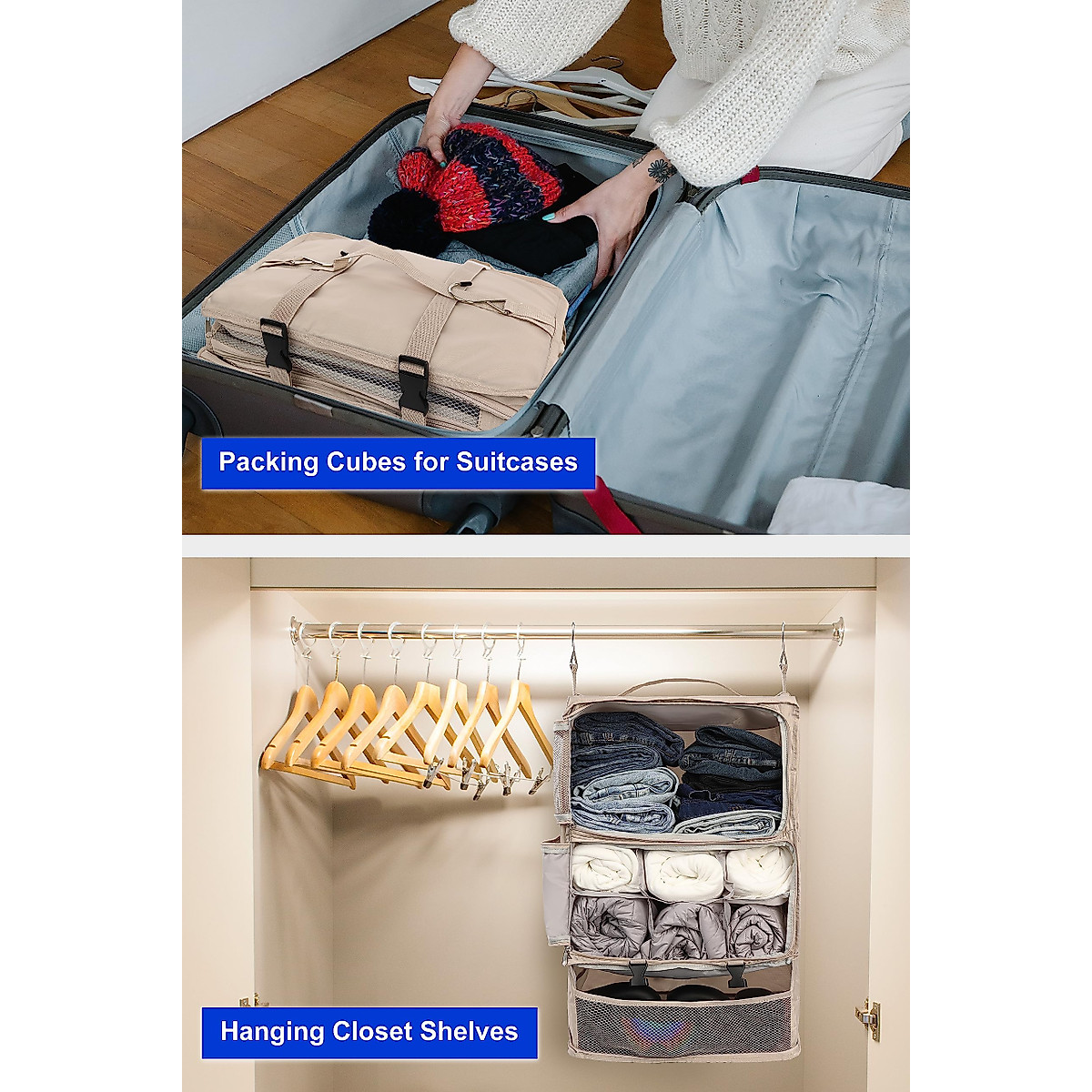 ELEZAY Hanging Packing Cubes Portable Closet 3-Shelf Travel Collapsible Compression Garment Organizer for Carry-on Luggage Suitcase Space Saver Bag XX-Large_No Side Pockets, Beige