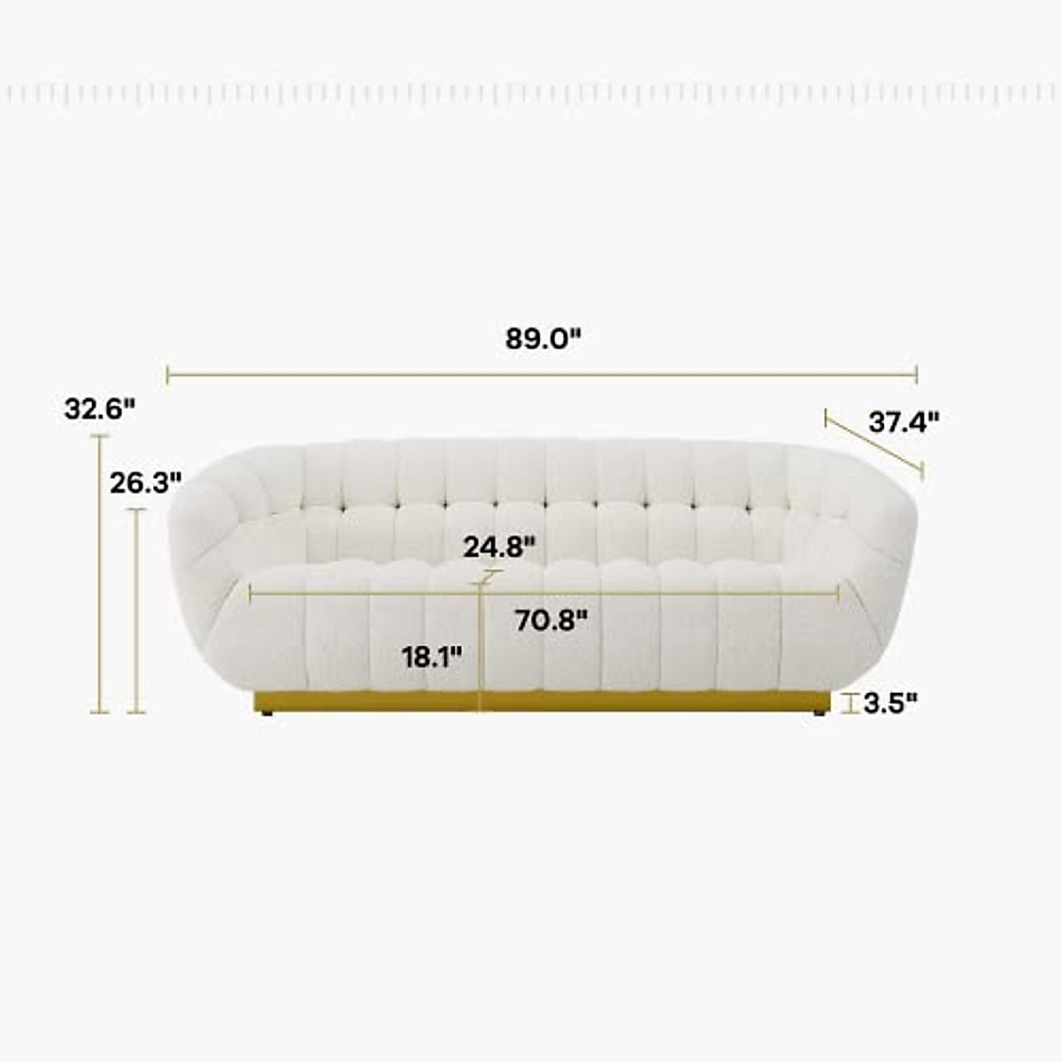 Acanva Wool-Like Living Room Sofa, Modern Mid-Century Style with Seashell Performance & Metal Base, Retro Leisure Accent Barrel Dining Decor, 89”W Couch, White