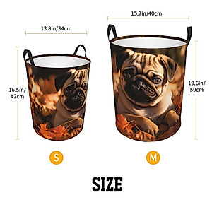FeHuew Pug on Autumn Leaves Collapsible Laundry Basket with Handle Waterproof Hamper Storage Organizer Large Bins for Dirty Clothes, toys