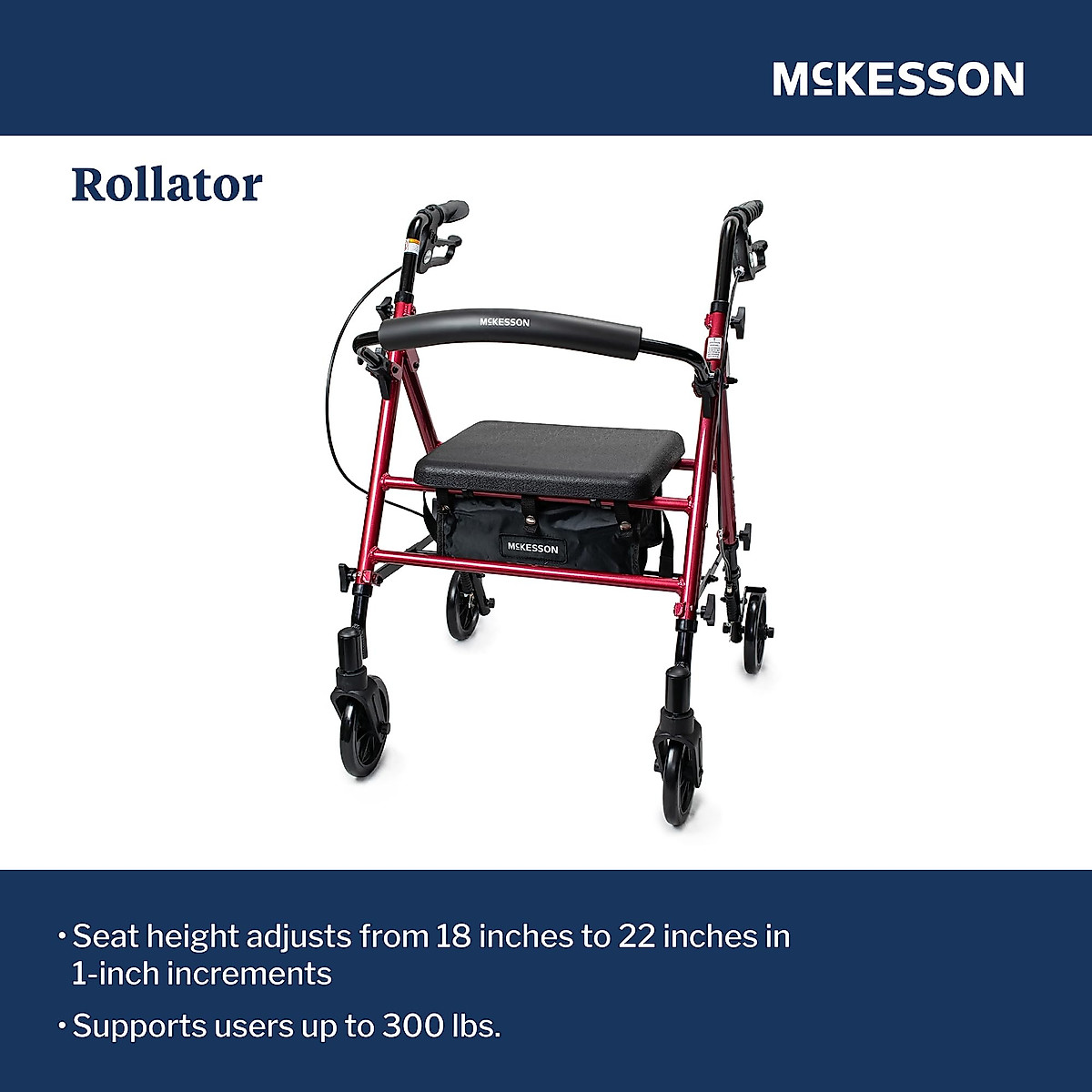 McKesson Lightweight Rollator - Walker with Wheels, Seat, Storage - Adjustable Height, 1 Count