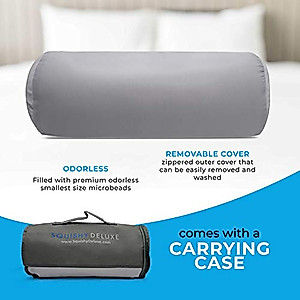 Squishy Deluxe Tube Microbead Bolster Pillow with Stay-Cool Fill & Silky Removable Cover, Flexible, Head, Neck & Back Support for Home & Away, Carrying Case, 13 x 6 inches, Grey