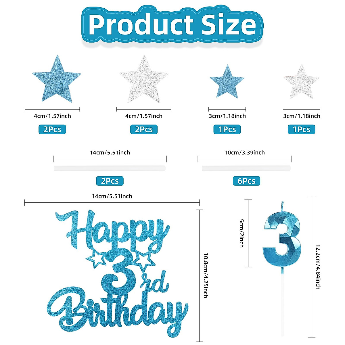 iNINGER 3rd Happy Birthday Candles Cake Toppers,Blue Number 3 Candle for Cake,Cake Candles for 3rd Birthday Decorations,Star Cake Toppers for Boys Girls Birthday Party 3rd Wedding Anniversary