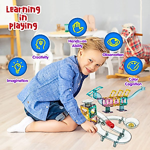 Magnetic Tiles Building Blocks for Kids, Marble Run Race Track Magnet Building Toys Educational Stem Toys for Age 3 4 5 6 7 8+ Year Old Girls Boys Birthday Gift Yellow (Standard Edition 74PCS)