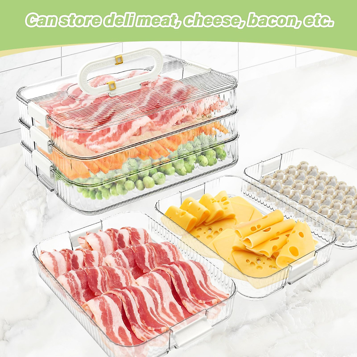 Deli Meat Container for Fridge: 3 Layer Bacon Lunch Meat Container for Refrigerator Organizers and Storage - Stackable Food Storage Boxes with Lids Cheese Keeper Box for Fridge Airtight Deli Organizer