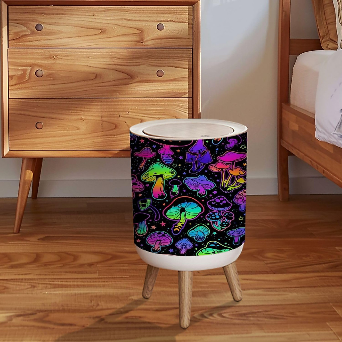 LGCZNWDFHTZ Small Trash Can with Lid for Bathroom Kitchen Office Seamless bright psychedelic mushrooms Garbage Bin Waste Basket Decorative 1.8 gallons, 14x9inch