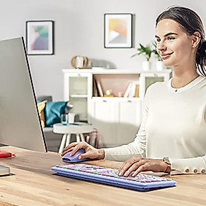 Wireless Keyboard and Mouse Combo, 2.4GHz Full-Sized Colorful Cute Keyboard Mouse Set with Retro Typewriter Flexible Round Keys for Windows, Computer, Laptops, PC Purple Colorful