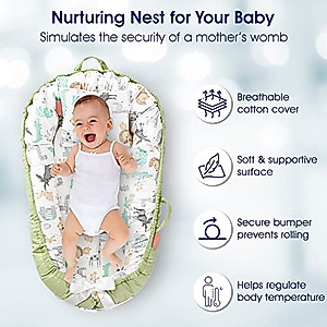 Baby Nest Set Comes with Blanket and Pillow, Newborn, Breathable Cotton Lounger 0 to 24 Months, Adjustable, Snuggle Nest Sleeper, Perfect CoSleeper in Bed,for Boys Girls (Green)