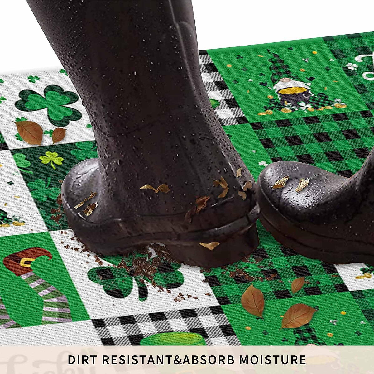 St Patrick's Day Doormat Rugs Outdoor/Indoor Lucky Shamrock Clover Gnomes Non-Slip Entrance Welcome Mat for Front Door/Kitchen/Bath/Bedroom/Patio/Entryway,16"x24", Green Buffalo Gingham Plaid