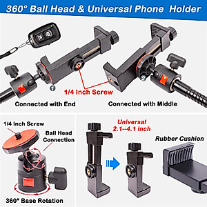 Tall Cell Phone Tripod, Phone Floor Video Tripod, Adjustable Gooseneck Phone Tripod with Carry Bag, 360 Swivel Head, Phone Clamp for iPhone16 /Pro/Pro Max/Plus/15/14/13/12/11, S22 S21