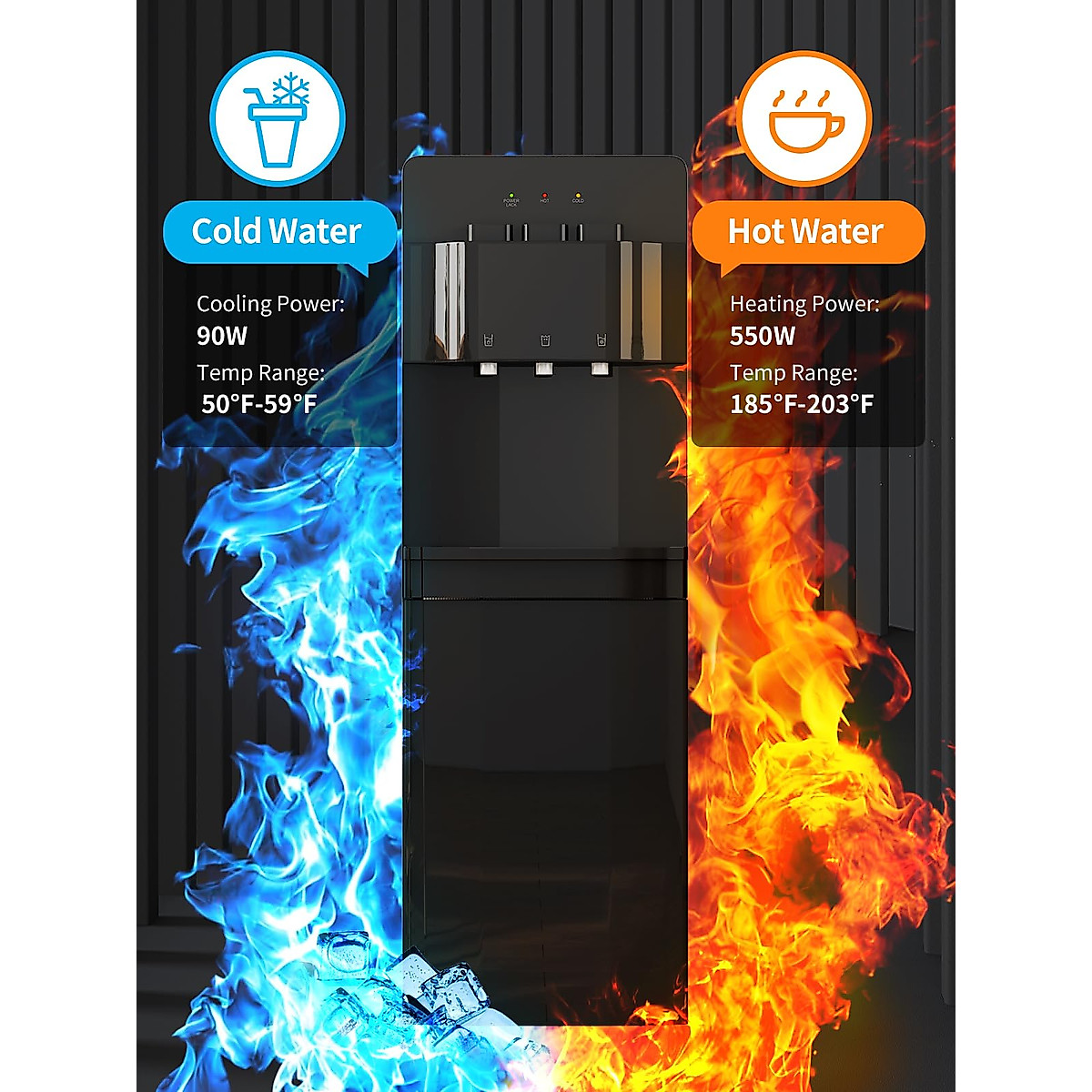 Tabu Hot & Cold Water Cooler Dispenser, Bottom Loading Holds 3 or 5 Gallon Bottle, with Anti-Scalding Design, Storage Cabinet and Child Safety Lock for Home, Office Use (Black)